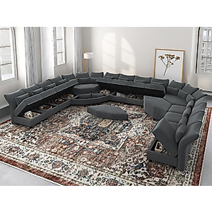 LLappuil Oversized Modular Sectional Sofa 214.6" 16-Seater U Shaped Couch with Large Storage Chaise, Velvet High Back Recliner Couches with Big Ottoman for Living Room, Grey