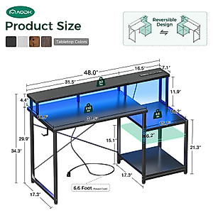 AODK Computer Desk, 48 Inch Gaming Desk with Led Lights & Power Outlet, Office Desk with Printer Storage Shelves, Reversible Desk with Monitor Shelf & Headphone Hook, Carbon Fiber Black