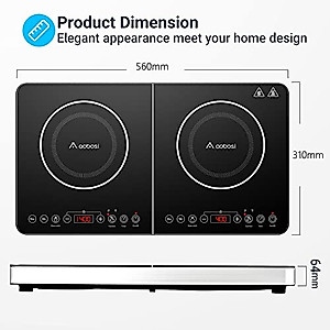 Aobosi Double Induction Cooktop,Portable Induction Cooker with 2 Burner Independent Control,Ultrathin Body,10 Temperature,1800W-Multiple Power Levels,4 Hour Timer,Safety Lock