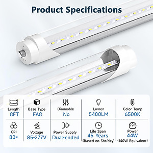 SHINESTAR 10-Pack 8ft LED Bulbs, 44w 6500K Daylight, Ballast Bypass, Dual-end, F96T12 LED Replacement, Clear Cover