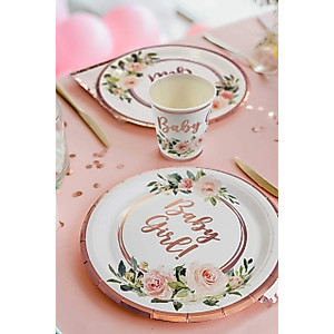Baby Shower Tableware Plates and Napkins, Baby Girl Decorations | 25 Servings With Rose Gold Foil, Pink Floral Paper Dessert Disposable Cups | Tea Party Supplies