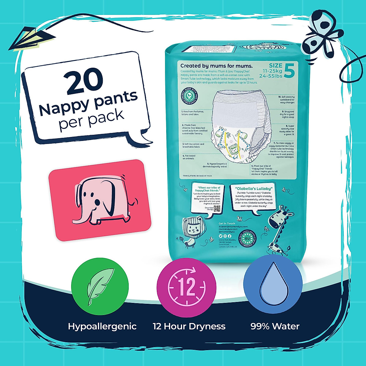 Mum & You Nappychat Premium Performance Eco Diaper Pants, Size 5 (20 diapers) Smart Tube Technology Leak Protection. 100% Recyclable. Hypoallergenic, Dermatologically-Tested. No Lotion, Perfume or Dye