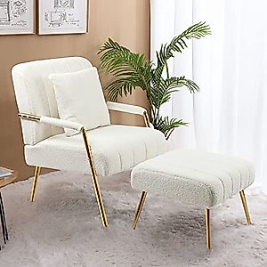wirrytor Modern Teddy Fleece Fabric Accent Chair with Ottoman, Upholstered Leisure Chair with Metal Frame Single Sofa Armchair with Pillow for Living Room Bedroom Office Balcont (Teddy Beige)