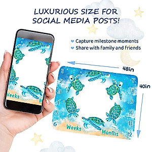 FHZON Turtle Milestone Blanket Blue Sea Life Baby Blanket Beach Newborn Gift with Week Months Swaddling Bag 48x40in BTLSFH127