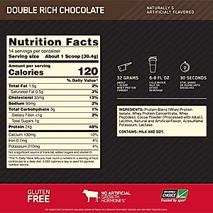 Optimum Nutrition Gold Standard 100% Whey Protein Powder, Double Rich Chocolate, 1 Pound
