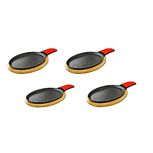 Brooks AG Parts Four Pre-seasoned Cast Iron Fajita Pan Sets,Includes Wooden Serving Bases,Padded Handle Sleeve and Cast Iron Skillet