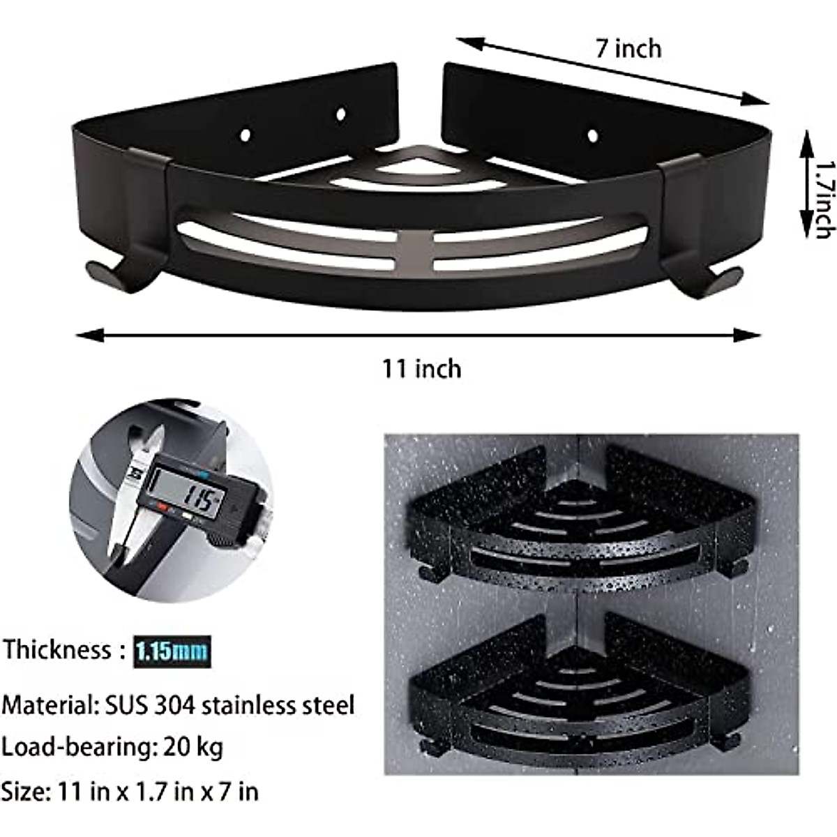 QCSJXX Triangle Shower Corner Caddy Bathroom Shower Corner Shelf with Two Hooks, Self Adhesive with Glue or Wall Mount with Screws,Aluminum 2 Tier Storage Shelves Triangle Baskets,Black Finish