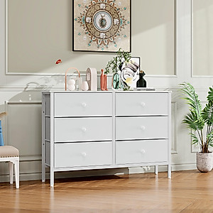 LYNCOHOME White Dresser for Bedroom, 6 Drawer Wooden Dresse, Small Dresser for Bedroom and 50" Tv, Entertainment Center with Metal Frame, Wooden Top,Dressers for Kids, Fabric Dressers for Nursery