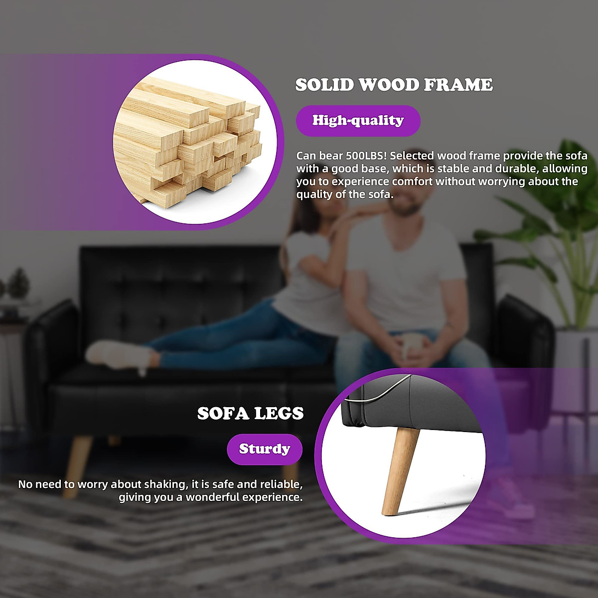 TYBOATLE Faux Leather Convertible 65'' Folding Futon Sofa Bed w/ 2 USB, Loveseat for Small Space, Apartment, Dorm, Living Room, Office, Black