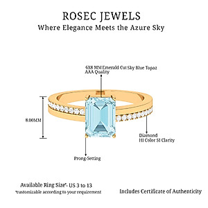 Rosec Jewels Natural Sky Blue Topaz Solitaire Engagement Ring with Diamond | 2.25 CT | AAA Quality, 14K Yellow Gold, Size:US 11.00
