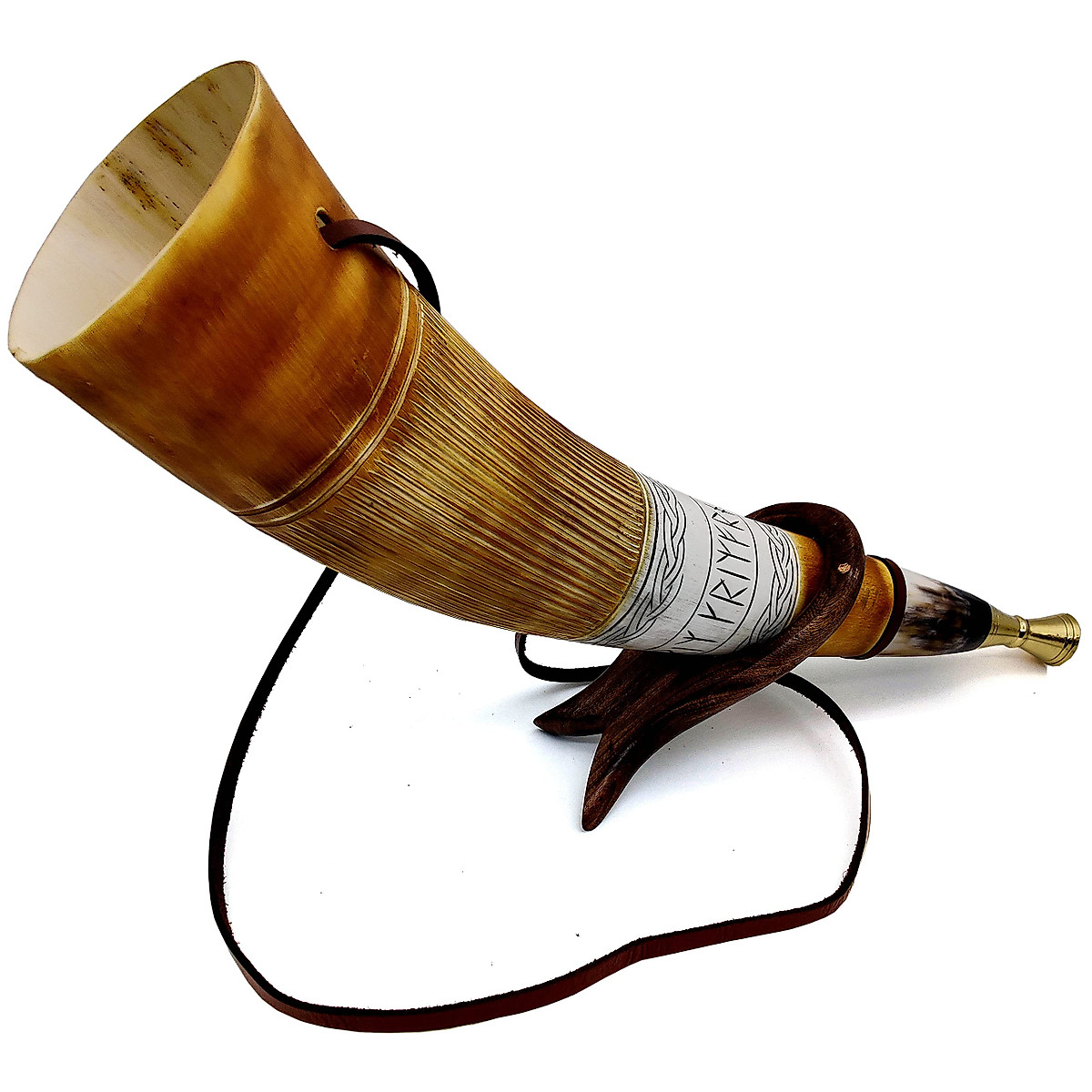 Viking War Horn Genuine Ox-Horn Battle Trumpet - Premium Hand Engraved Horn Viking Norse Cattle Ancient Horn Bugle Hunting Tool BATTLE HORN BLOWING HORN VIKING BUGLE HORN & Brass With Wooden Stand 16"