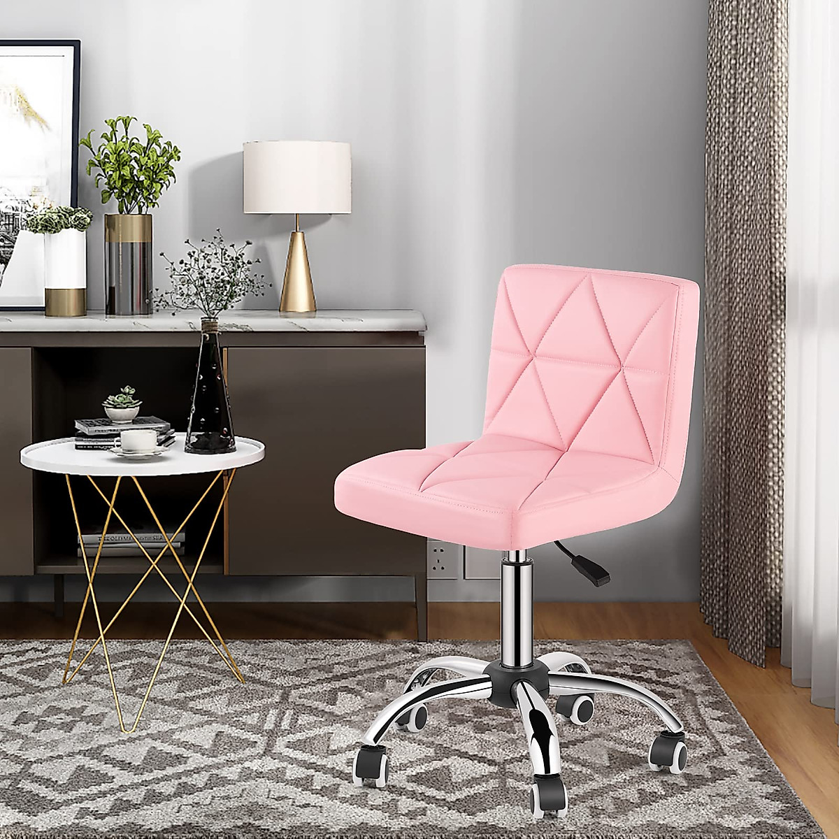 COSVALVE Armless Desk Chair, Low Back Swivel Office Chair, Adjustable Task Chair with Rolling Wheels and Diamond Pattern, for Home Computer Barber, Pink