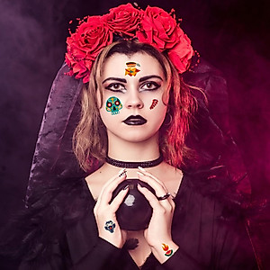 65 Pieces Mexican Day Of The Dead Temporary Tattoos for Kids, Sugar Skull Guitar Floral Skeleton Cactus Tattoo Stickers for Halloween Decorations Dia de Los Festival Carnival Party Favor Supplies