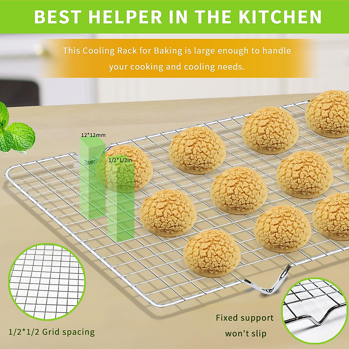 UOUYOO Cooling Rack for Baking, Set of 2 Stainless Steel, 16x10 Inches Baking Rack Oven Safe Grid Wire Racks for Roasting, Grilling, and Drying, Oven Safe and Dishwasher Friendly