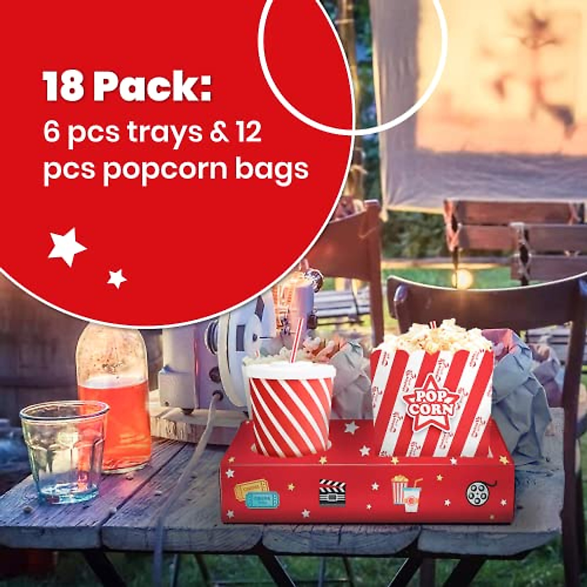 Movie Night Supplies 18 Pcs - Popcorn Buckets (12ct) & Movie Night Snack Trays (6ct) - Movie Theater Decor & Popcorn Bowls For Family Movie Night, Popcorn Bags Individual Servings & Movie Snack Trays