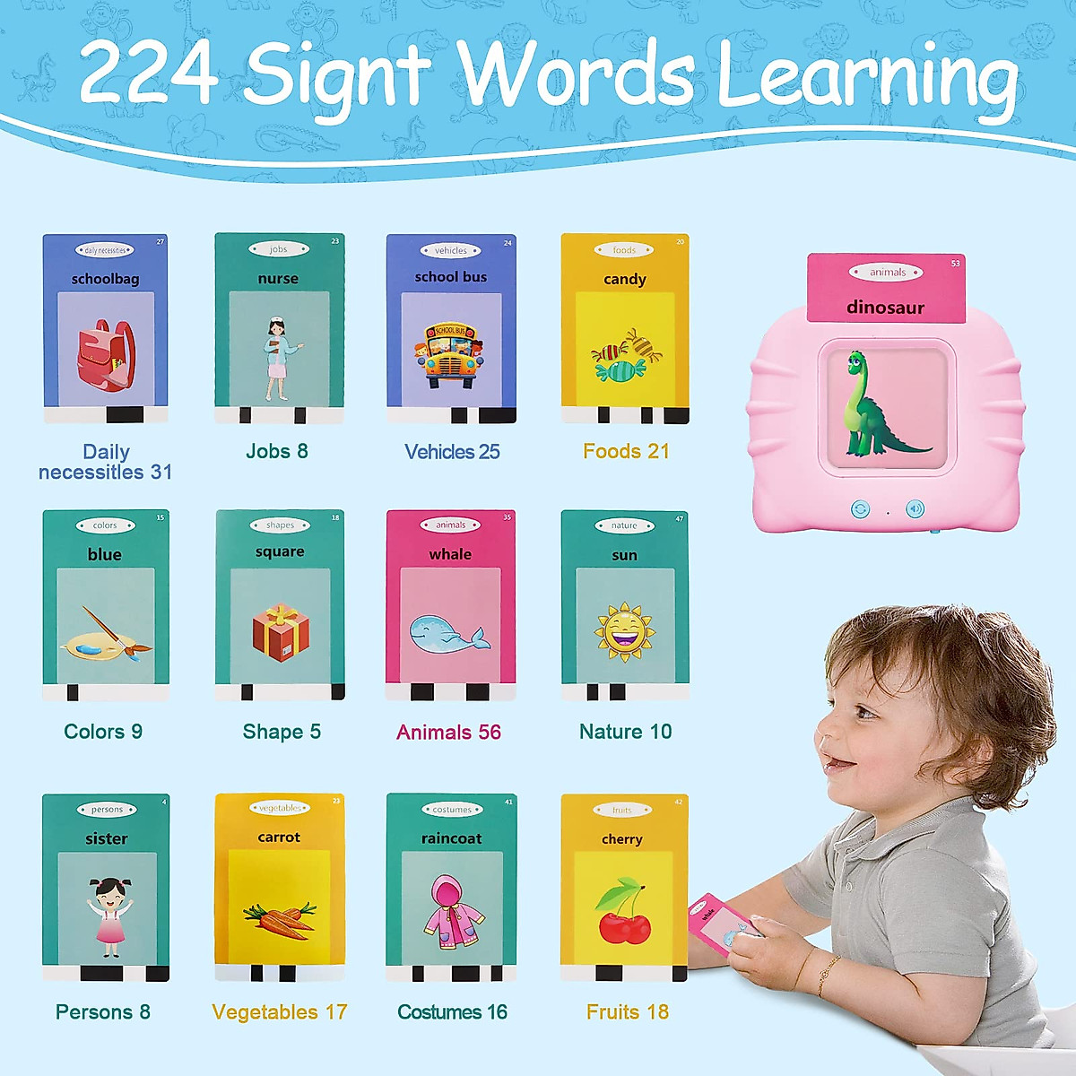 BEILAEEA Toddler Toys for 2 3 4 5 Year Old Boys and Girls, Autism Sensory Toys for Autistic Children, Learning Montessori Toys, Speech Therapy Toys, 224 Sight Words Talking Flash Cards (Pink 224)