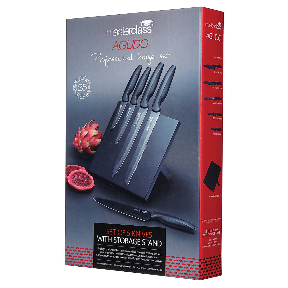 MasterClass Agudo 5-Piece Non-Stick Stainless Steel Knife Set and Magnetic Knife Block, Black