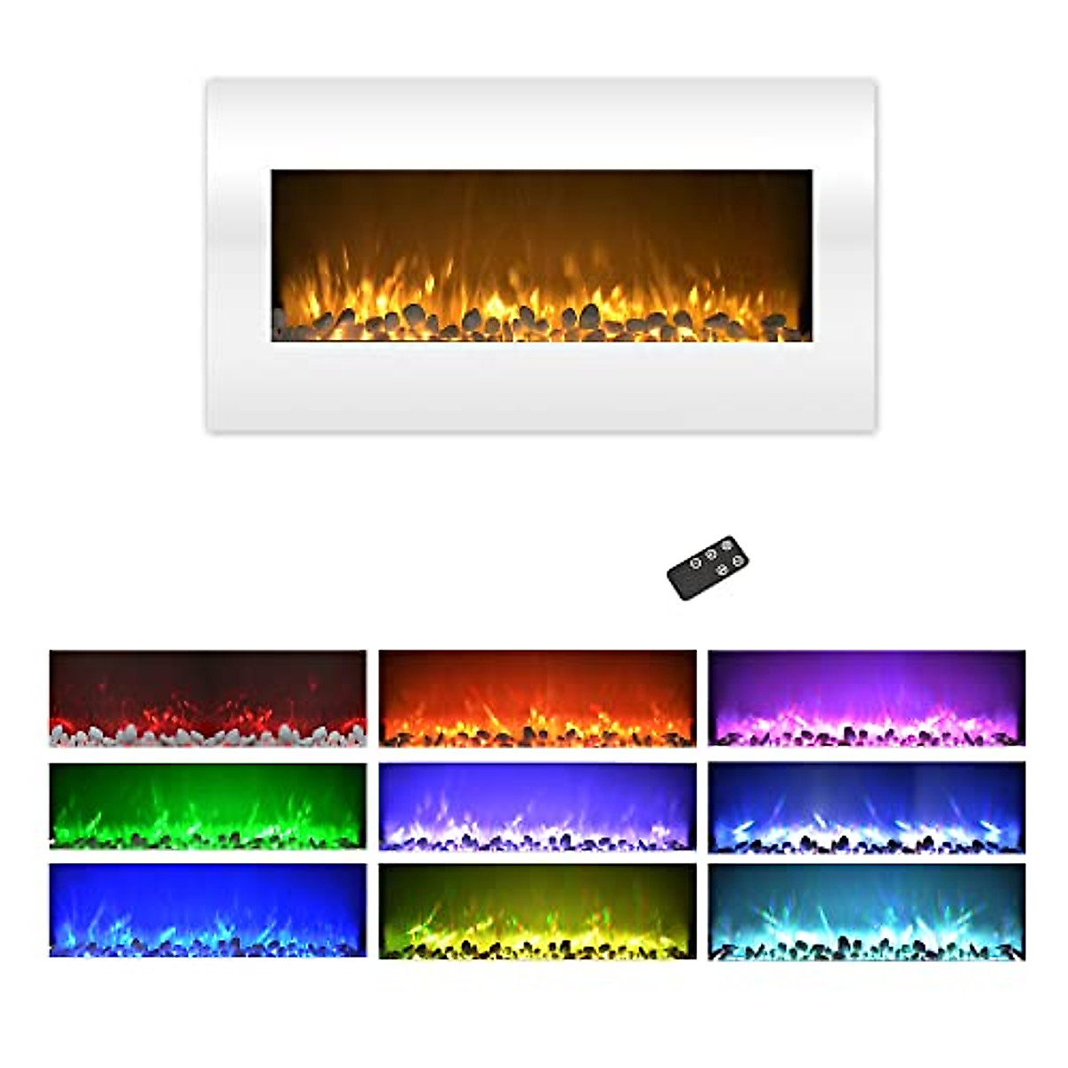 36-Inch Wall Mounted Electric Fireplace - 10-Color LED Flame and 3 Media Backgrounds with Adjustable Brightness and Remote by Northwest (White)