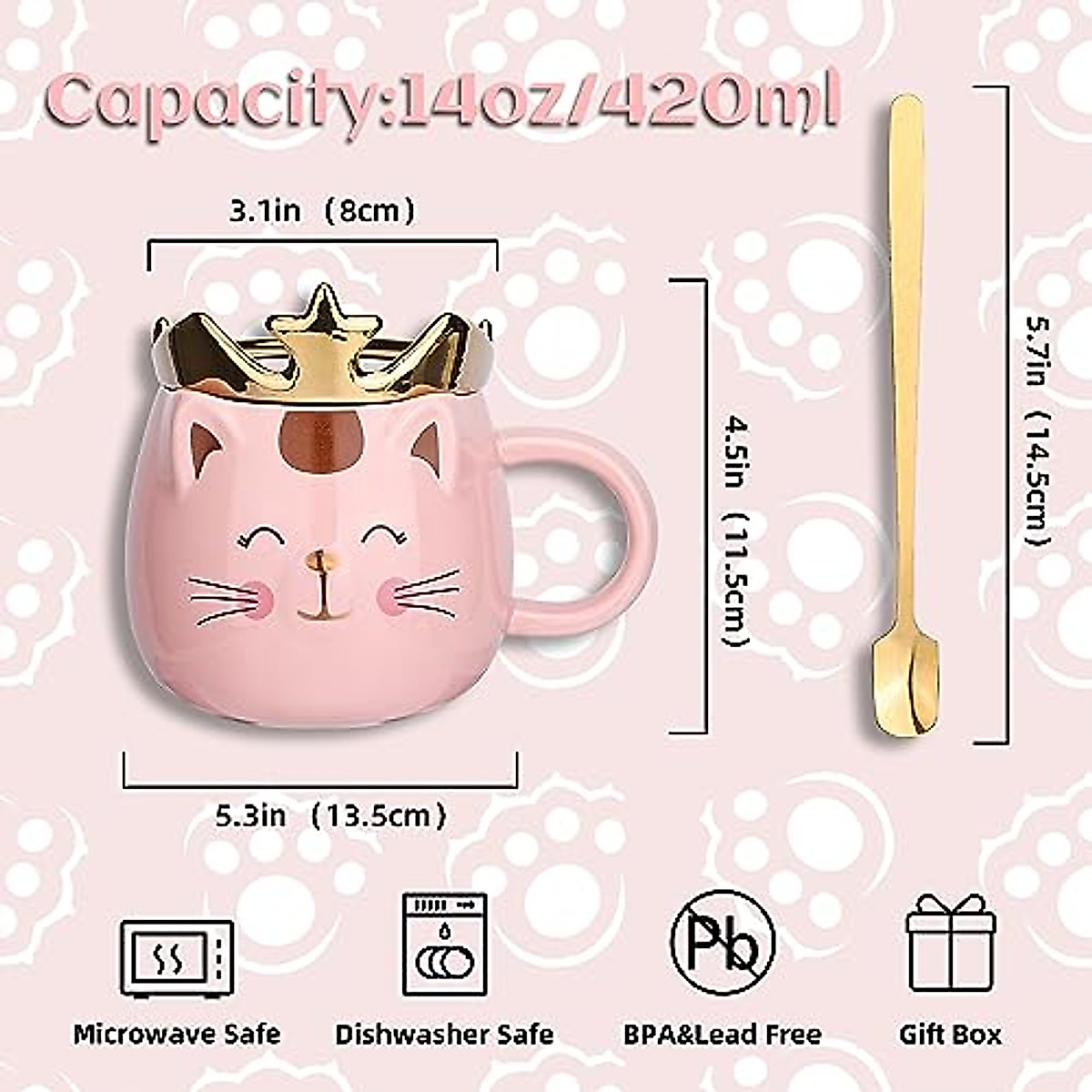 DONGSHANGIFT Cute Cat Mug Set of 4 Crown with Cell Phone Holder Lid for Lovers Ceramic Coffee Cups Women Girls Christmas Birthday Gift 14oz/420ml (4pcs Black White Pink Gray)