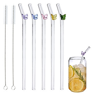 5 Pcs Reusable Glass Straws,Colorful Butterfly on Clear Straws With Design 7.9in X 8mm Shatter Resistant Bent Drinking Straws with 2 Cleaning Brushes for Shakes,Juices,Smoothies, Cocktails