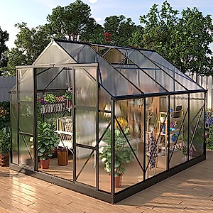 HOWE 8x10x7.5 FT Polycarbonate Greenhouse 2 Sliding Doors 2 Vent Window Walk-in Premium Greenhouse Storage Shed Sunroom Aluminum Large Hot House Garden Backyard for Outdoor Matte Black