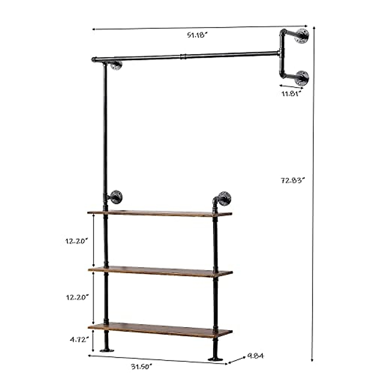 Industrial Pipe Clothing Racks with Shelves, Wall Mounted Wood Clothes Racks, Heavy Duty Iron Pipe Garment Racks for Hanging Clothes, Industrial Retro Steampunk Closet Organizer for Home Retail Store