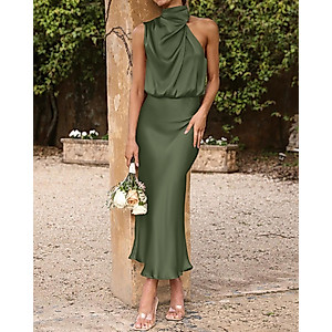 BTFBM Women's Sleeveless Cocktail Dresses Mock Neck Keyhole Elastic High Waist Wedding Guest Evening Party Maxi Dress(Solid Army Green, Medium)