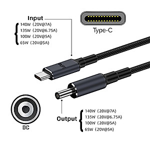 Cablecc USB-C Type C Input to DC 20V 5.5 * 2.1mm Output Power 100W 135W 140W 65W PD Charge Cable for Laptop