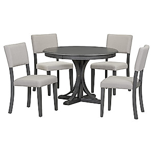 Round Dining Table Set for 4 5-Piece Kitchen Table and Chairs Small Wood Round Table with 4 Upholstered Chairs and Curved Trestle Legs Dining Room Breakfast Table Sets for Apartment, Grey