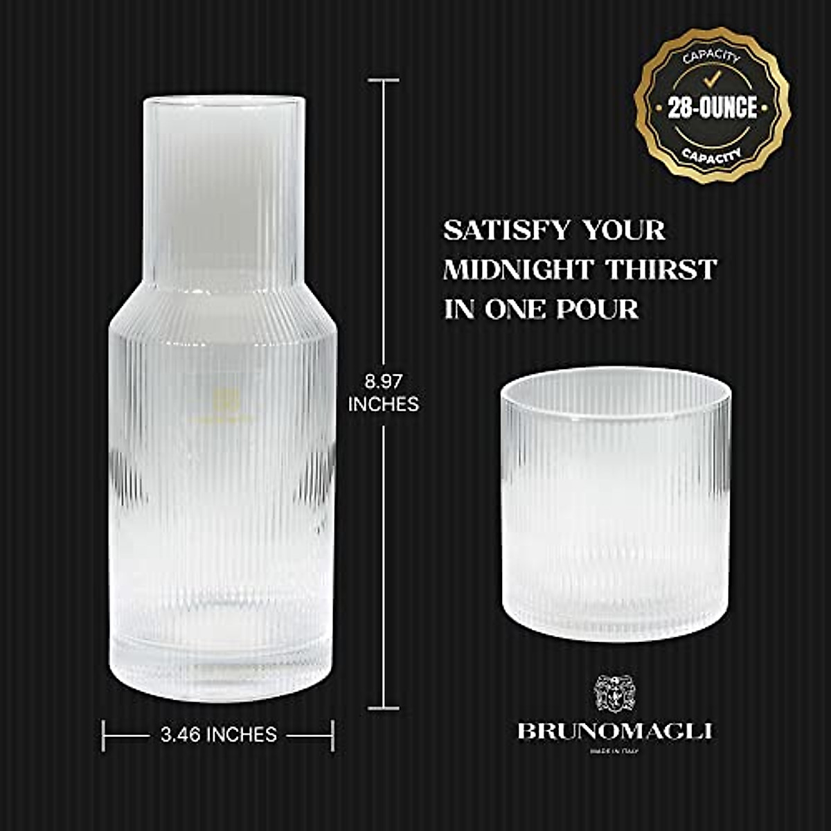 Bruno Magli Ribbed Carafe | 2-Pc Set | Drinking Glass Tumbler Doubles as a Lid | Elegant Nightstand Water Pitcher with Matching Cup for Office, Home, & Guest Room Décor | Gift Boxed (Clear)