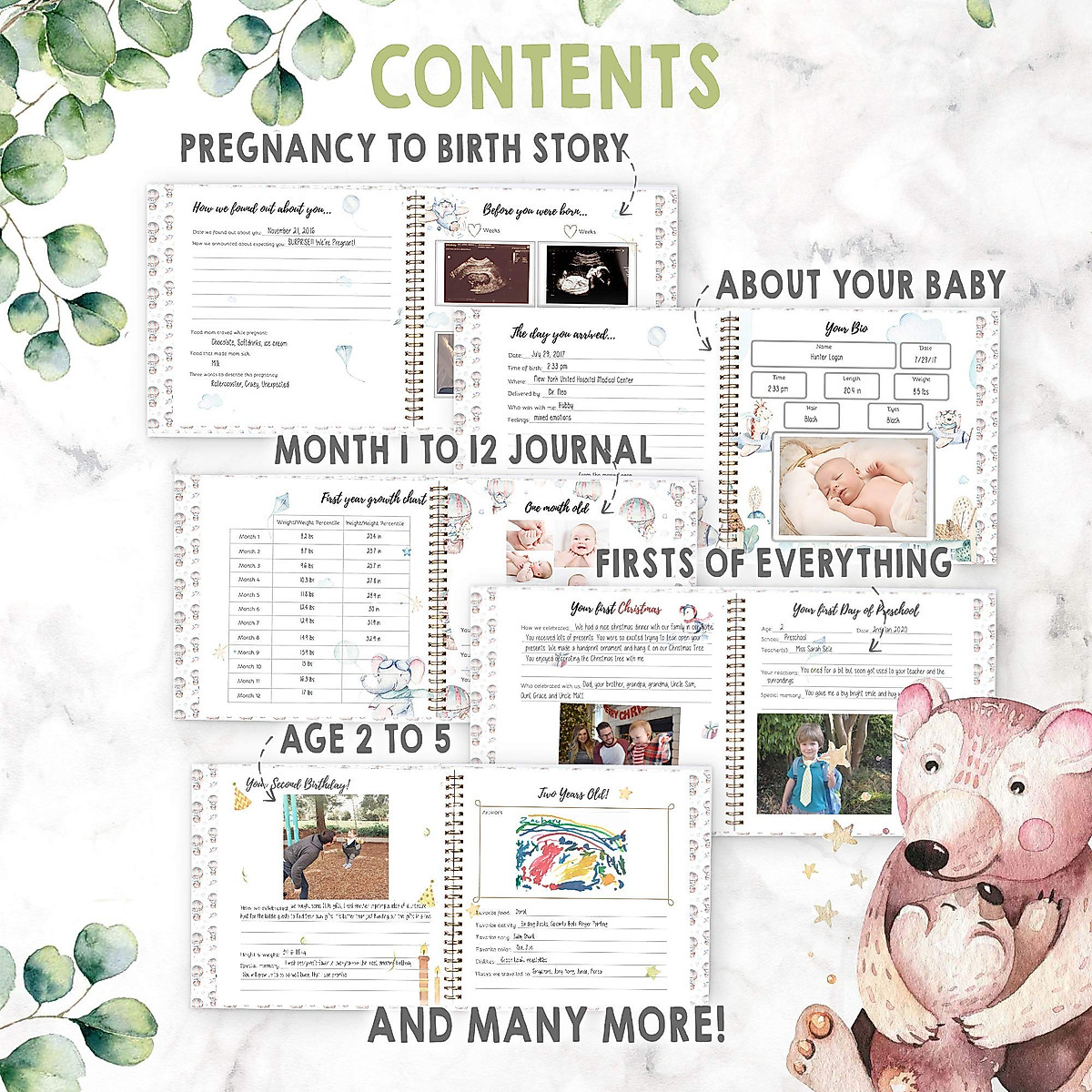 Newborn Baby Keepsake Set Bundle - Baby First 5 Years Memory Book & Baby Handprint Footprint Keepsake Photo Frame - Baby Nursery Art Kit and Journal for Baby Boys & Girls