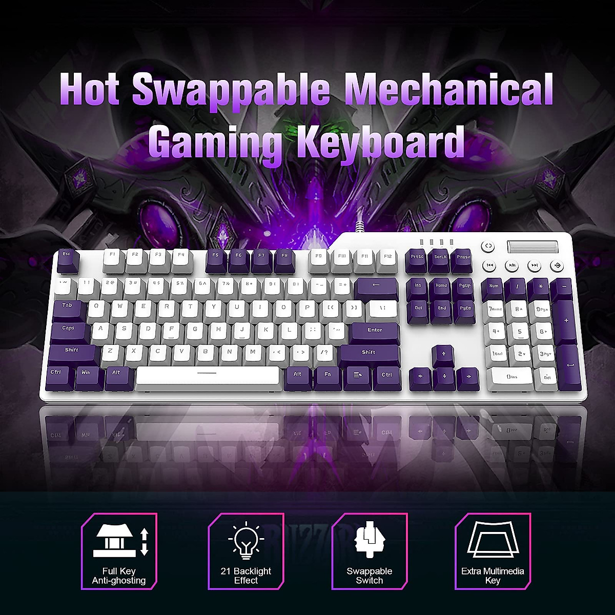 Mechanical Gaming Keyboard Hot Swappable with Multi Monochromatic Backlight 104Key Anti-ghosting Ergonomic Metal Plate Multimedia Key USB Wired for PC Mac Gamer Office Typist(Purple White/Blue Switch)