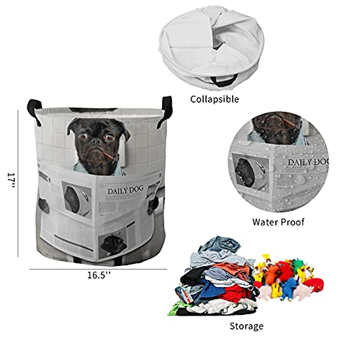 Collapsible Laundry Basket - 16.5 x 17 In Smoking Pug Sitting on The Toilet Storage Bin Laundry Hamper with Handles, Funny Watching Newspaper Waterproof Clothes Baskets for Bedroom/Kids Room