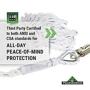 PeakWorks Fall Protection Safety Lifeline Rope Grab, Anchor 50' Vertical Cable, Galvanized Steel Snap Hook Harness Tools Equipment for Climbing, Rescue, Hunting, Roofing, V84084050