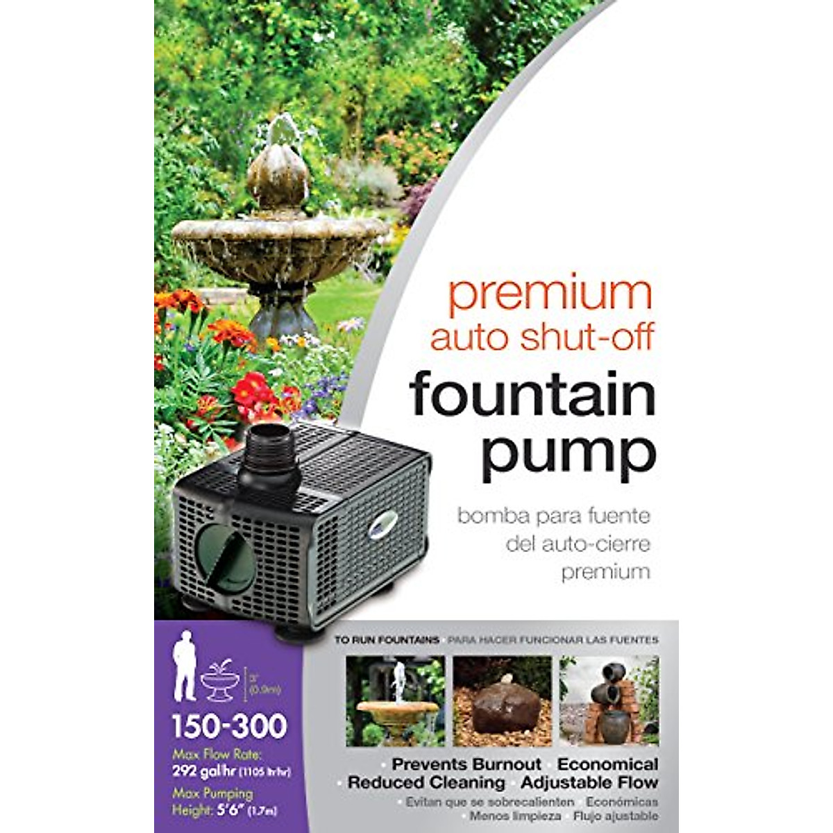 Pennington Aquagarden, Premium Auto Shut-Off Fountain Pump, Suitable for Garden Fountains, Water Features, Aquaponics & Hydroponics, 150 - 300 Gallon, 5’6” Pumping Height