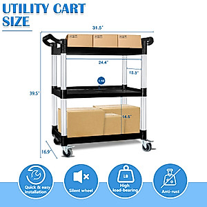 ANRYAGF Utility Carts with Wheels Rolling Cart Food Service Cart Commercial Office Warehouse Heavy Duty Cart 500 LBs Capacity, Lockable Wheels, Rubber Hammer, 31.5" X 16.9" X 38.9" Black