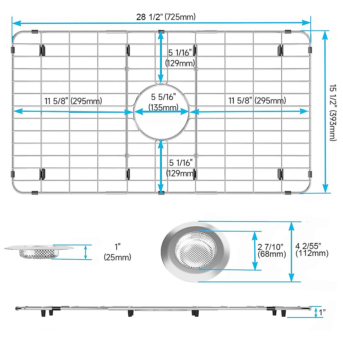 GEDLIRE Stainless Steel Sink Grate Protector for Bottom of Kitchen Sink, 28.5" x 15.5" Metal Kitchen Sink Grid with Centered Drain, Curve Corner Sink Rack with Sink Strainer for Single Sink Bowl