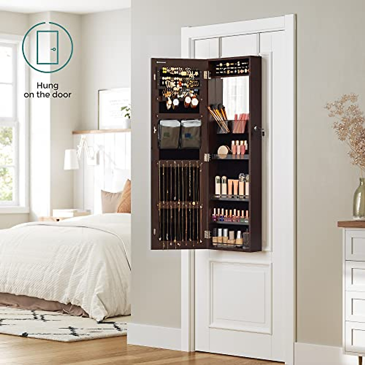 SONGMICS Jewelry Cabinet Armoire with Mirror, Wall or Door Mount Storage Organizer with Full-Length Frameless Mirror, Lockable Cabinet with Built-in Small Mirror, Shelves, Gift Idea, Brown UJJC003K01