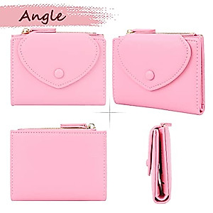 Sunwel Fashion Small Wallet with Heart Bifold Wallet Zipper Pocket Cash Card Holder Coin Purse for Women Girls (PINK)