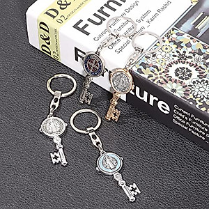 WHLHMK 4Pcs Saint Benedict Medal Keychain, St Benedict Medals Key Chain, Saint Benedict Jubilee Medal, Cross Protection Key Shaped Keychain, Exorcism Medal Christian Sacramental Medal Keyring