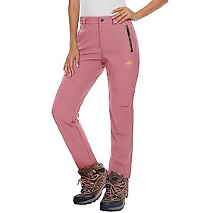MAGCOMSEN Women's Hiking Pants Waterproof Insulated Snow Ski Pants Fleece Lined Winter Pants Warm Outdoor Hunting Pants Grey Pink L
