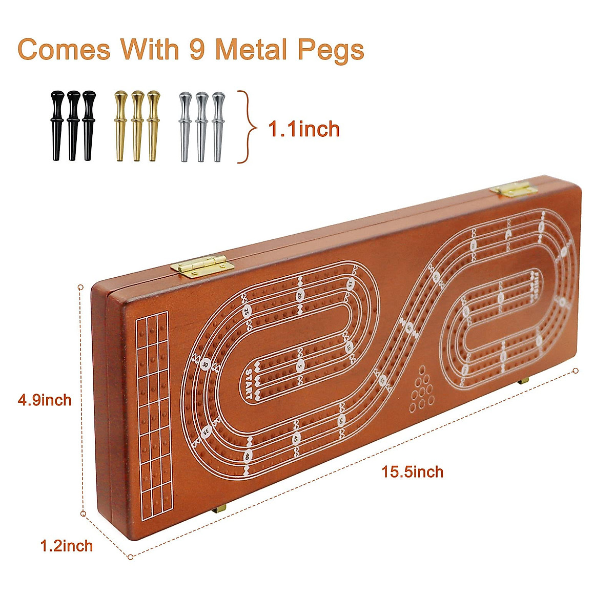 Cribbage Board Game Set 3 Tracks, Plusvivo Solid Oak Wood Cribbage Boards Unique with 9 Metal Pegs & 2 Storage Area, 15.5 X 4.9 X 1.2 in Travel Portable Cribbage Game Sets for Family