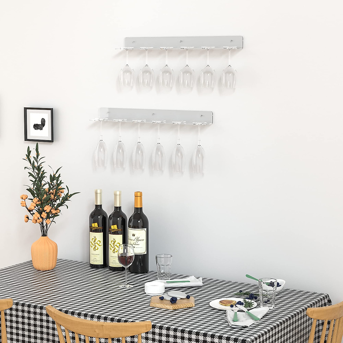 Hexsonhoma Champagne Wall Holer for Party 50, Clear Acrylic Wall Mounted Wine Glass Holder, Under Cabinet Wine Glass Holder Rack (6 Glasses 2 Pack)
