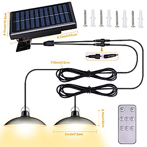 Lampelc Solar Shed Light with Remote Control, 400LM Solar Powered Pendant Light with 2Pcs 9.84ft Cable, IP65 Waterproof Solar Lights Indoor Outdoor for Garage Patio Barn Chicken Coop