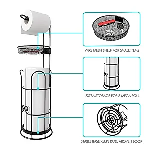 Toilet Paper Holder Stand with Shelf, Freestanding Toilet Tissue Roll Holder with Dispenser for Bathroom Storage Holds 4 Rolls - Black