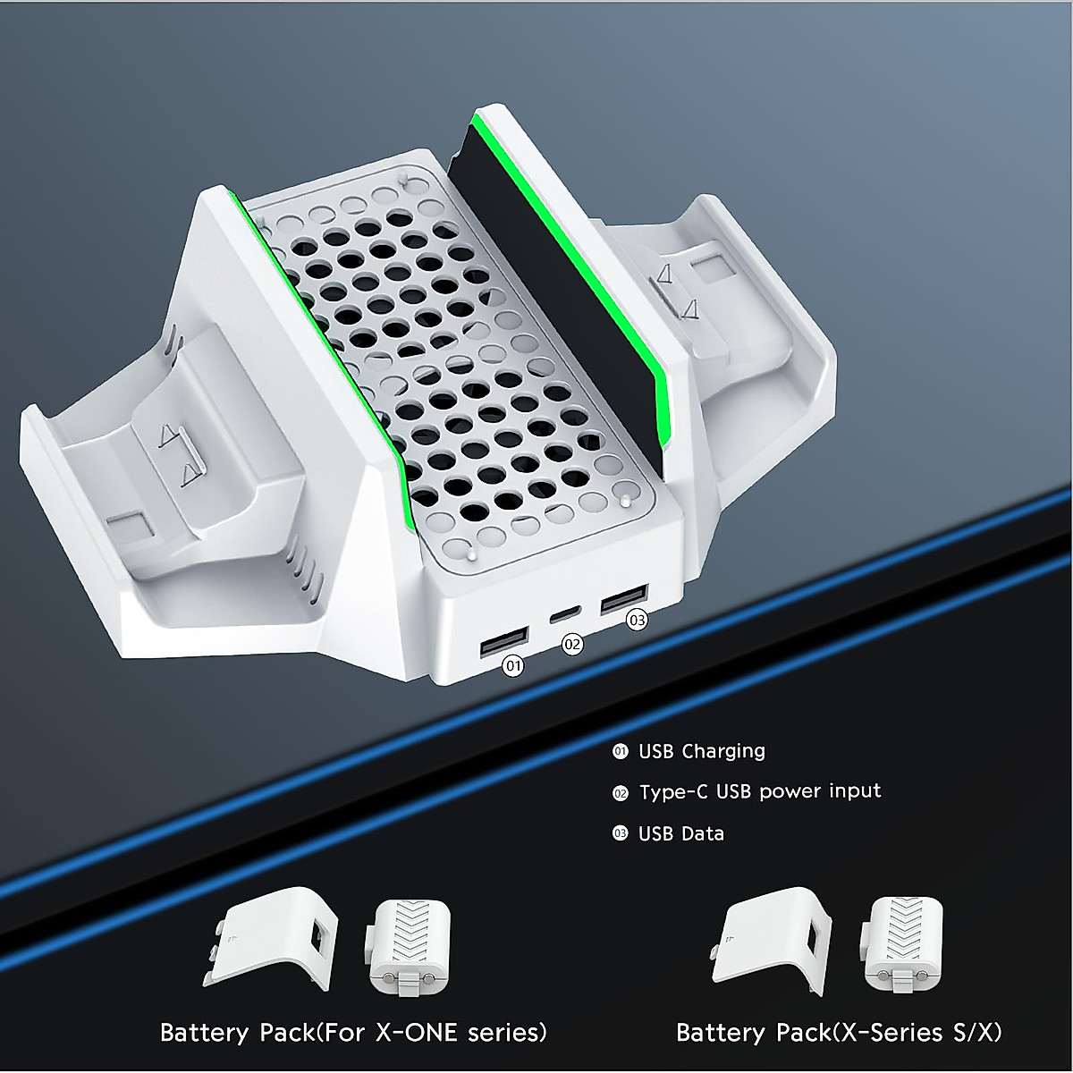CTPOWER Cooling Stand for Xbox Series S with Dual Cooling Fan 3 Level Adjustable Speed, Dual Controller Charger with LED Indicator USB Port - 2 x 800mAh Rechargeable