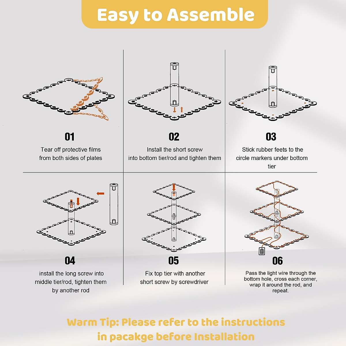 PinCute Acrylic Cupcake Stand, 3 Tier Cupcake Tower Holder with LED String Light, Dessert Table Display Cake Stand for Birthday Candy Bar Weddings Party Décor, Yellow Light