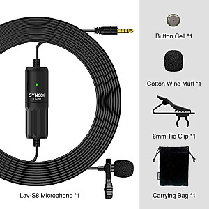 SYNCO Lavalier Microphone for Camera, Lav S8 Lapel Mic iPhone DSLR PC Android Noise Reduction Auto-Pairing Clip-on Omnidirectiona Video YouTube Vlogging, Lavalier-Microphone-Lapel-Mic-Camera
