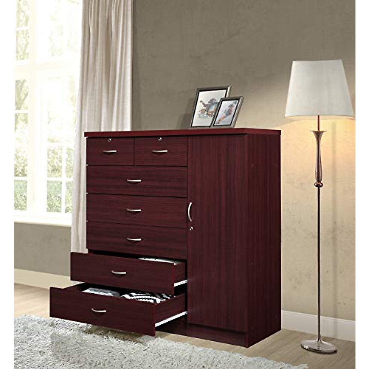 Hodedah 7 Drawer Jumbo Chest, Five Large & Two Smaller Drawers with Two Lock, Hanging Rod, and Three Shelves | Mahogany, 17.76" D X 47.24" W X 48.39" H
