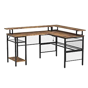 Unikito L Shaped Desk with LED Light and Power Outlet, Reversible Corner Computer Table with Monitor Stand and Storage Shelf, Modern L- Shaped Gaming Desk, Ergonomic Home Office Desk, Rustic Brown